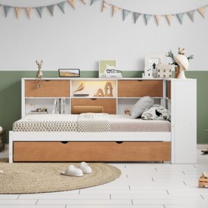 MERITLINE FullDaybed with Trundle, L-Shaped Bed Frame, Wood Platform Bed with LED Lights & USB Ports, Full Corner Bed with Trundle and Storage for Kids Teens Boys Girls, Walnut and White