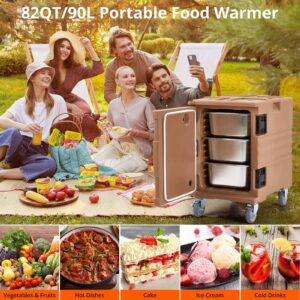 GarveeTech Portable Food Warmer 82Qt - Universal Wheels, Easy Transport, Good Insulation, Strong Sealing, with Double Buckles, Handles & Stackable Design, Ideal for Family Gathering, Canteen, Brown