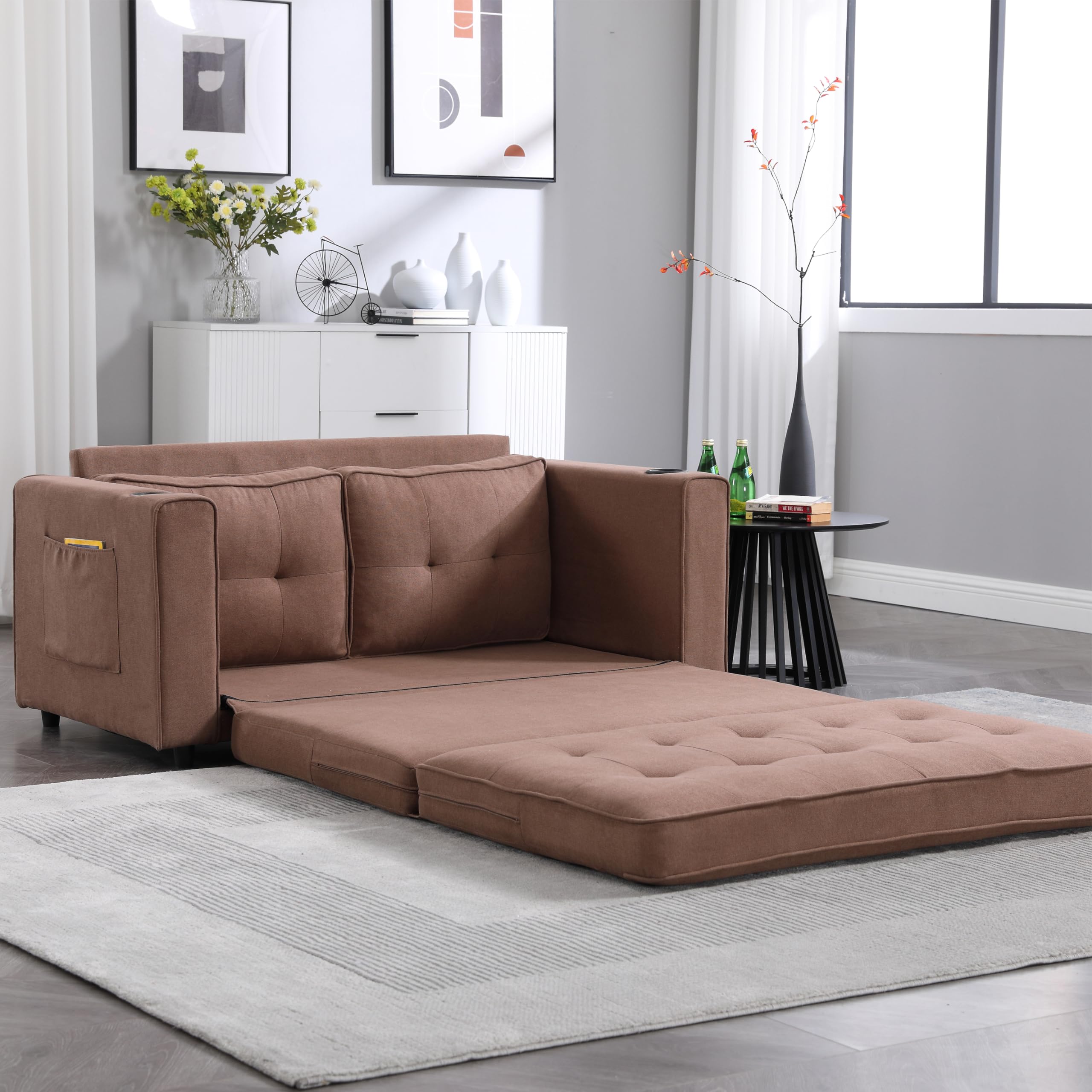 KINFFICT 3-in-1 Upholstered Futon Sofa Convertible Sofa Bed,Foldable Tufted Loveseat with Pull Out Sleeper Couch Bed,Folding Mattres Love Seat Daybed W/Side Pockets and Cup Holder (Brown)