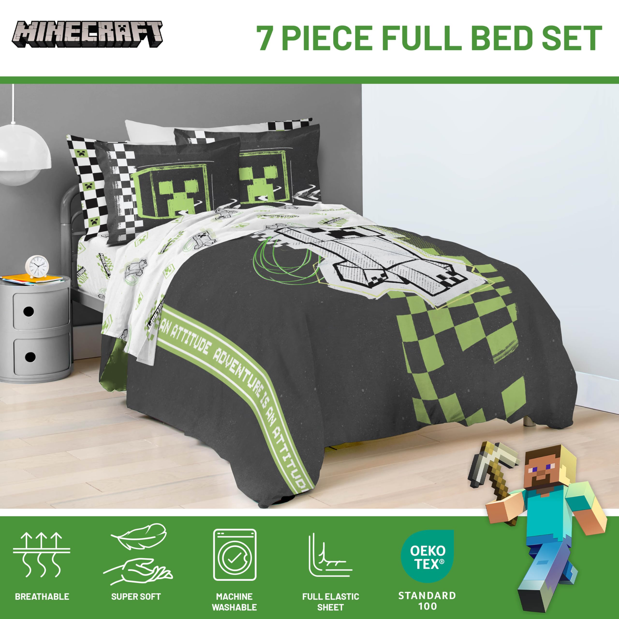 Jay Franco Minecraft Creeper Full Size Comforter Set - 7 Piece Bedding Includes Sheet Set & Pillow Covers - Super Soft Green & Gray Kids Bedding