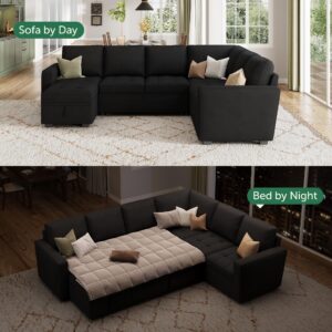 HONBAY Modular Sectional Sleeper Sofa with Pull Out Bed, Velvet Convertible L Shaped Sectional Couch with Storage Seat, Sectional Couches for Living Room, Balck