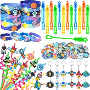 mishopy 98 outer space party favors galaxy astronaut birthday supplies straw bubble silicone bracelet keychain sticker boy kid girl toy gift goodie bags stuffer class prize space themed party favors