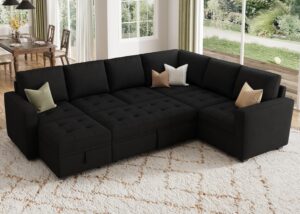 honbay modular sectional sleeper sofa with pull out bed, velvet convertible l shaped sectional couch with storage seat, sectional couches for living room, balck