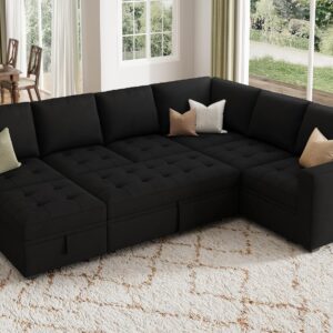 HONBAY Modular Sectional Sleeper Sofa with Pull Out Bed, Velvet Convertible L Shaped Sectional Couch with Storage Seat, Sectional Couches for Living Room, Balck