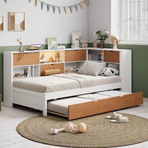 meritline fulldaybed with trundle, l-shaped bed frame, wood platform bed with led lights & usb ports, full corner bed with trundle and storage for kids teens boys girls, walnut and white