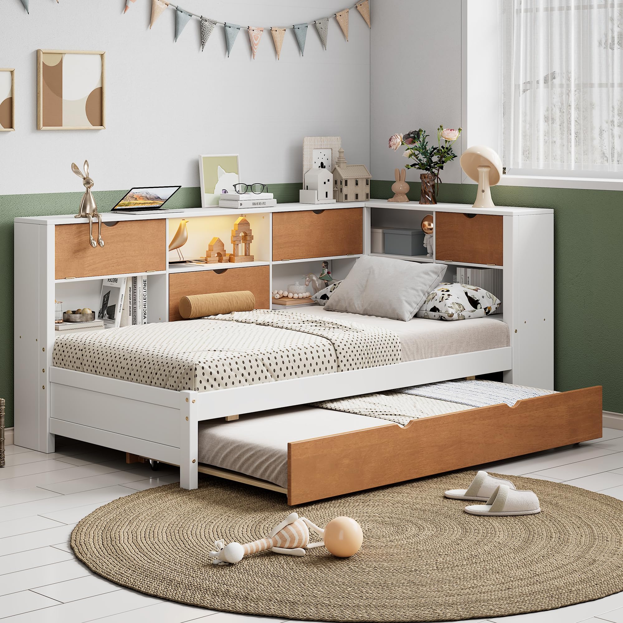 MERITLINE FullDaybed with Trundle, L-Shaped Bed Frame, Wood Platform Bed with LED Lights & USB Ports, Full Corner Bed with Trundle and Storage for Kids Teens Boys Girls, Walnut and White