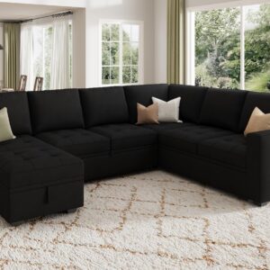 HONBAY Modular Sectional Sleeper Sofa with Pull Out Bed, Velvet Convertible L Shaped Sectional Couch with Storage Seat, Sectional Couches for Living Room, Balck