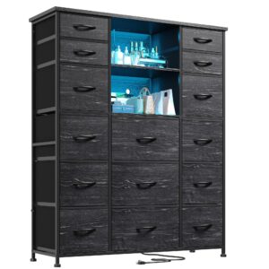 enhomee 51" h tall dressers with hutch 15 drawer dresser for bedroom with charging station & led lights sturdy black bedroom dresser,steel frame, wood top, 51.2" h x 39.3" w x 11.8" d