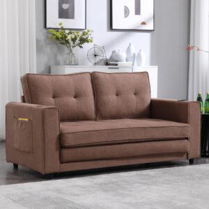 KINFFICT 3-in-1 Upholstered Futon Sofa Convertible Sofa Bed,Foldable Tufted Loveseat with Pull Out Sleeper Couch Bed,Folding Mattres Love Seat Daybed W/Side Pockets and Cup Holder (Brown)