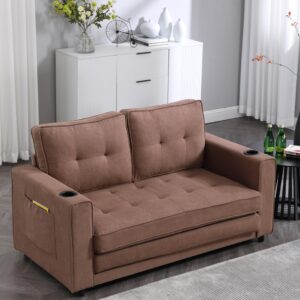 kinffict 3-in-1 upholstered futon sofa convertible sofa bed,foldable tufted loveseat with pull out sleeper couch bed,folding mattres love seat daybed w/side pockets and cup holder (brown)