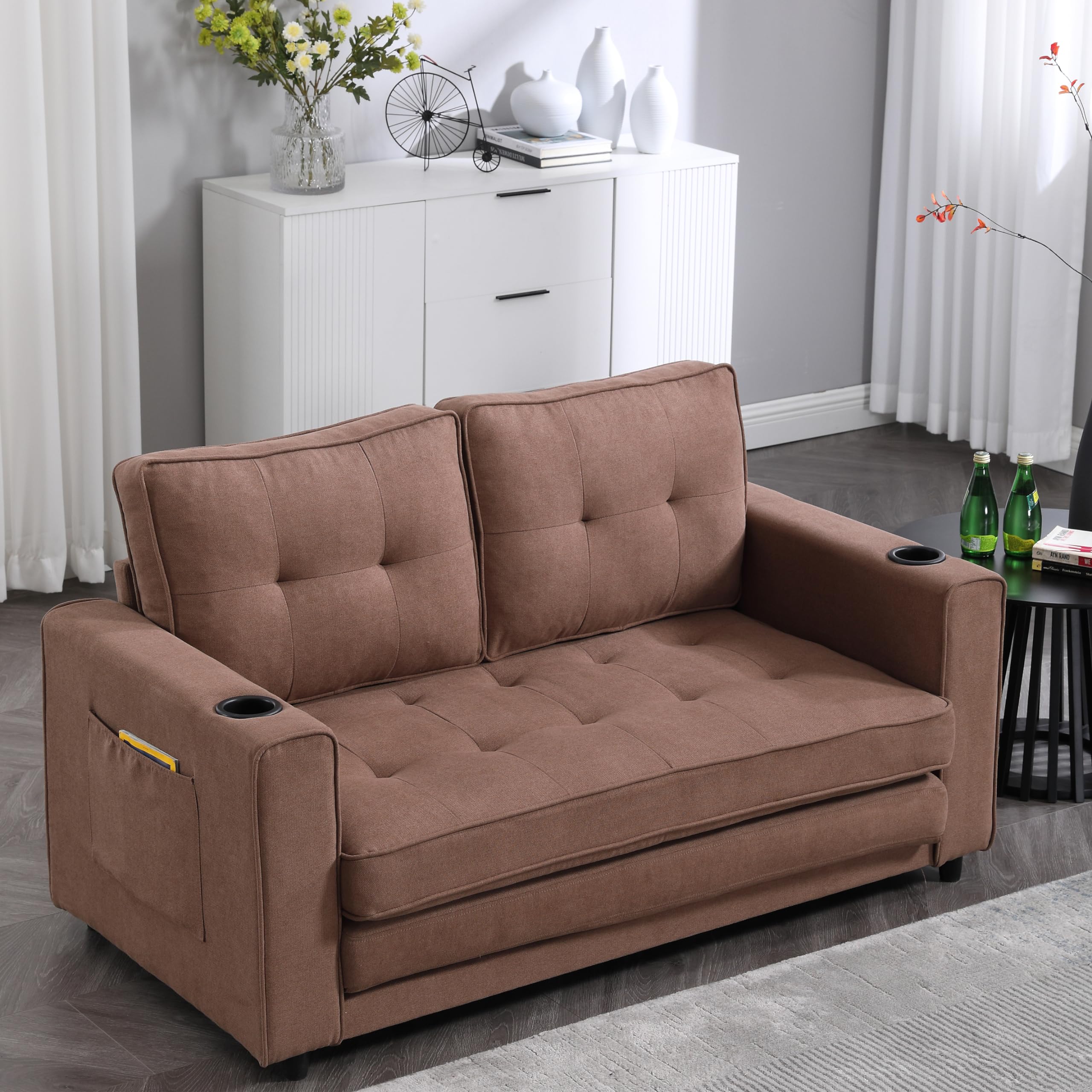 KINFFICT 3-in-1 Upholstered Futon Sofa Convertible Sofa Bed,Foldable Tufted Loveseat with Pull Out Sleeper Couch Bed,Folding Mattres Love Seat Daybed W/Side Pockets and Cup Holder (Brown)