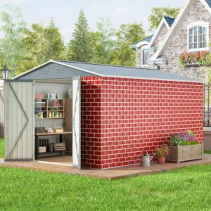 hogyme 8x12 ft outdoor storage shed, large metal tool sheds with updated frame structure and lockable doors, garden shed for backyard garden patio lawn red