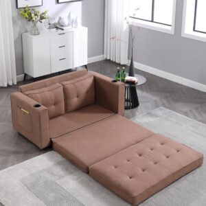 KINFFICT 3-in-1 Upholstered Futon Sofa Convertible Sofa Bed,Foldable Tufted Loveseat with Pull Out Sleeper Couch Bed,Folding Mattres Love Seat Daybed W/Side Pockets and Cup Holder (Brown)