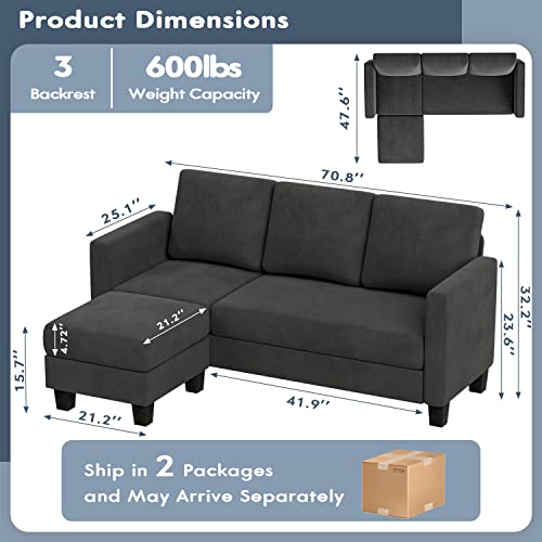 Acurax Convertible Sectional Sofa Couch with Modern Linen Fabric, 3 Seat L-Shaped Sofas with Movable Ottoman, for Living Room and Small Apartment, Deep Gray