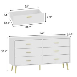 Homsee 6 Drawer Double Dresser Storage Chest of Drawers, 54”L Wood Dresser Chest with Gold Metal Legs for Bedroom, Living Room & Hallway, White (54”L x 15.6”W x 30.1”H)