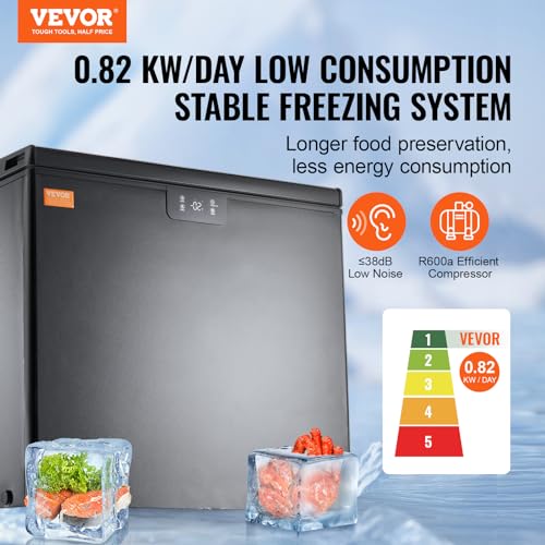 VEVOR Chest Freezer, 10 Cu.ft Compact Deep Freezer, Free Standing Top Open Door Compact Freezers with 2 Removable Baskets & Adjustable Thermostat, Energy Saving & Low Noise, Black