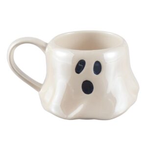 Way To Happiness 13-Ounce Halloween White Ghost Stoneware Stackable Mug Set with Iron Rack, Cute and Spooky Coffee Mugs