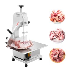 vevor commercial electric meat bandsaw, 650w stainless steel countertop bone sawing machine, workbeach 12.4" x 18.1", 4.33 inch max cutting thickness, frozen meat cutter for rib pork beef