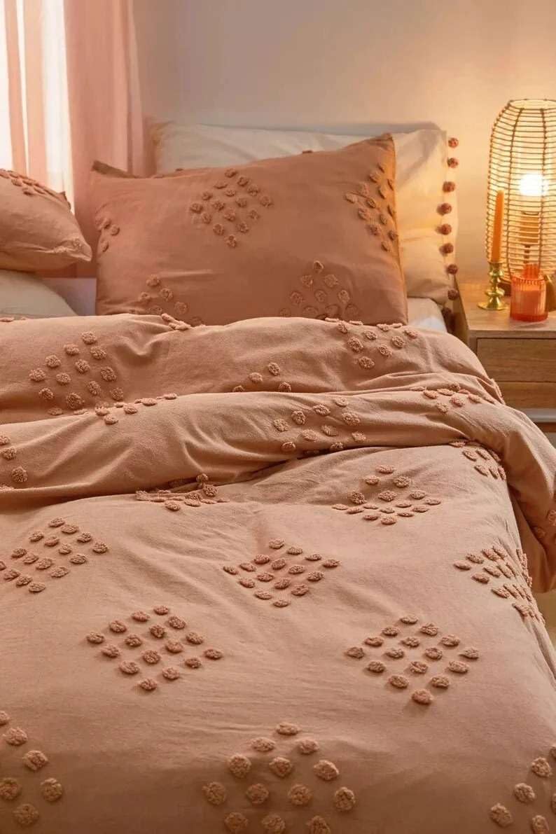 HANDICRAFT HANDLOOM Burn Orange Boho Duvet Cover Twin Size-68"x90" Tufted Duvet Cover for All Seasons Bedding with Pillow Cover Set 100% Washed Cotton 3 Pieces Tufted Embroidery for Home (D-3)