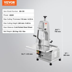 VEVOR Commercial Electric Meat Bandsaw, 650W Stainless Steel Countertop Bone Sawing Machine, Workbeach 12.4" x 18.1", 4.33 Inch Max Cutting Thickness, Frozen Meat Cutter for Rib Pork Beef