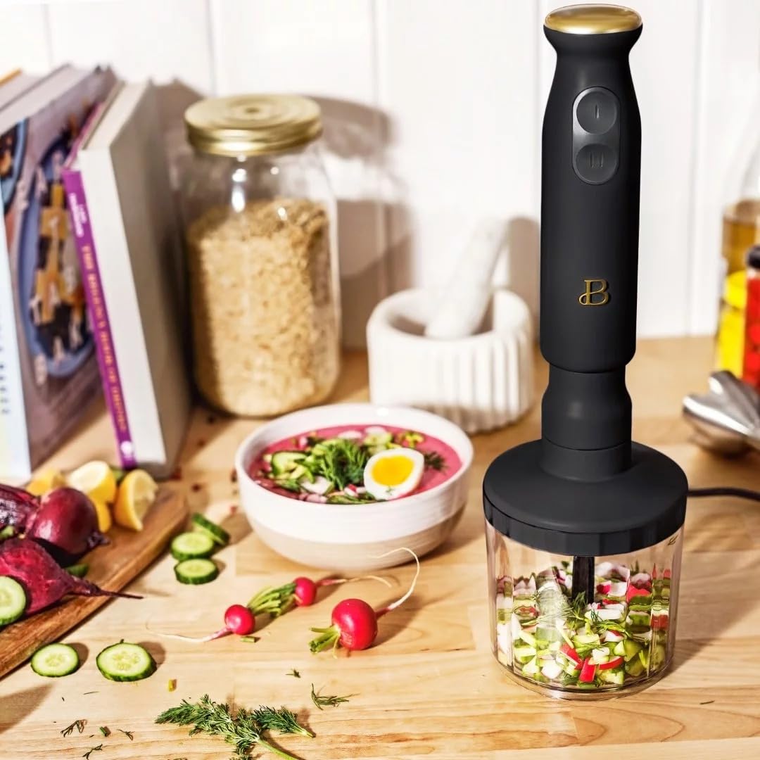 The Beautiful 2-Speed Immersion Blender with Chopper & Measuring Cup, Black Sesame by Drew Barrymore