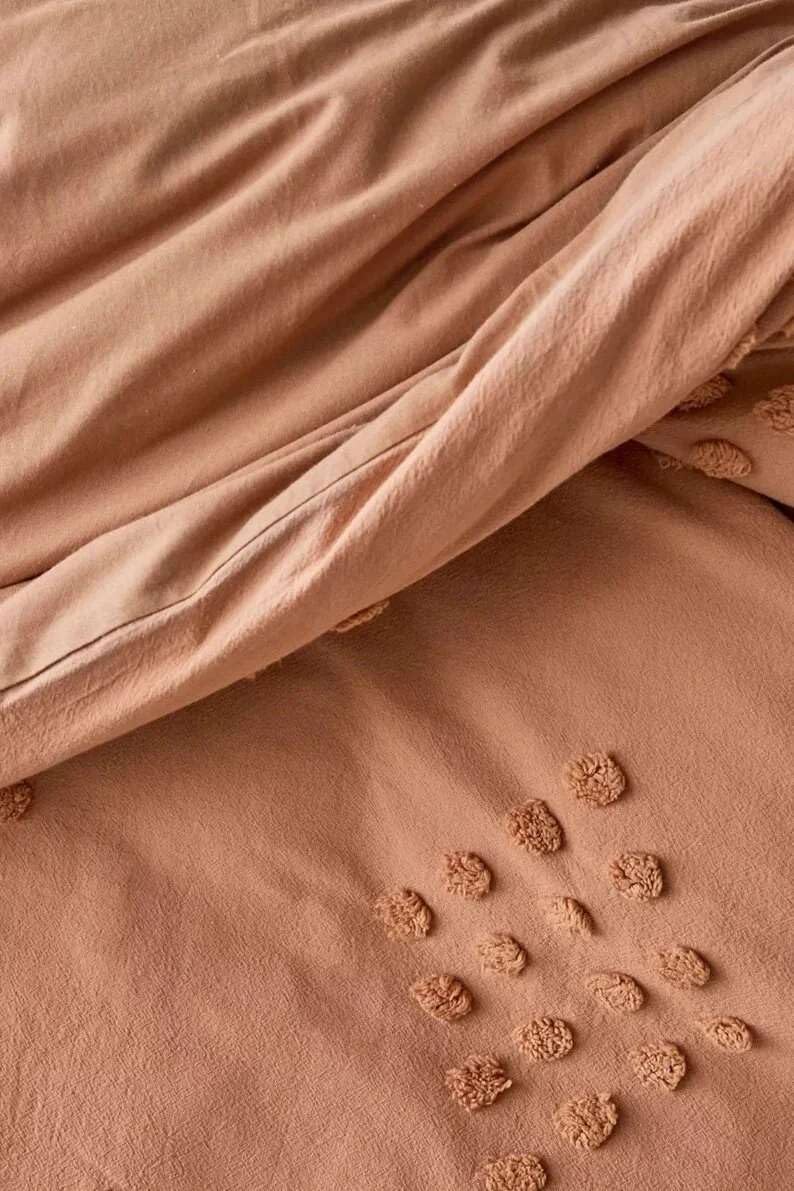 HANDICRAFT HANDLOOM Burn Orange Boho Duvet Cover Twin Size-68"x90" Tufted Duvet Cover for All Seasons Bedding with Pillow Cover Set 100% Washed Cotton 3 Pieces Tufted Embroidery for Home (D-3)