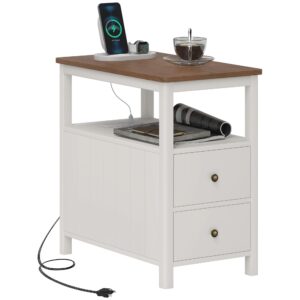 homcom modern end table with charging station and usb ports, narrow side table with drawers & shelf for living room, white