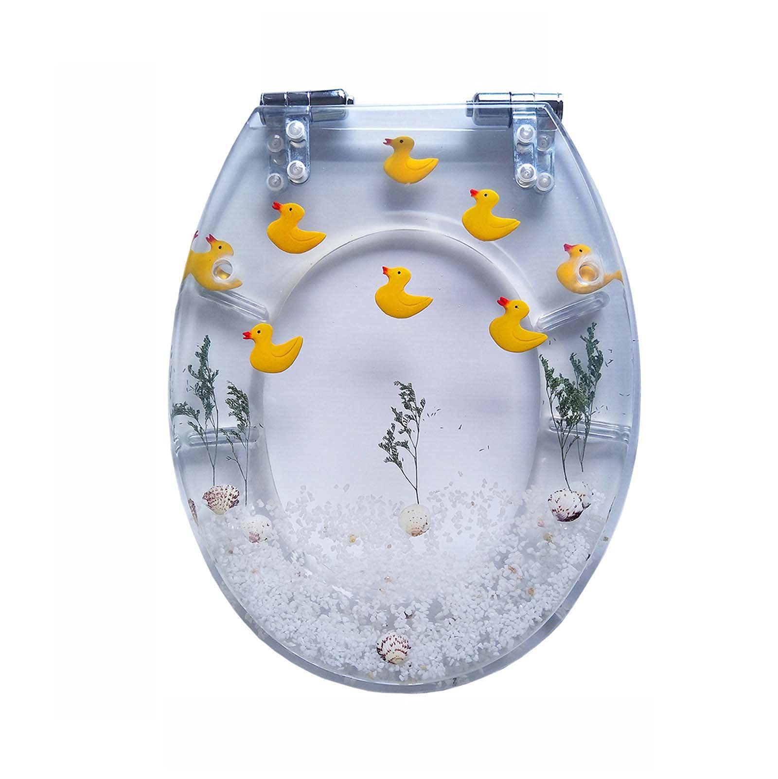 Transparent Elongated Toilet Seat,Resin 0.6 inch Thicken Toilet Seat,Round Toilet Seat, with Quietly Close and Quick Release Hinges, Little Yellow Duck