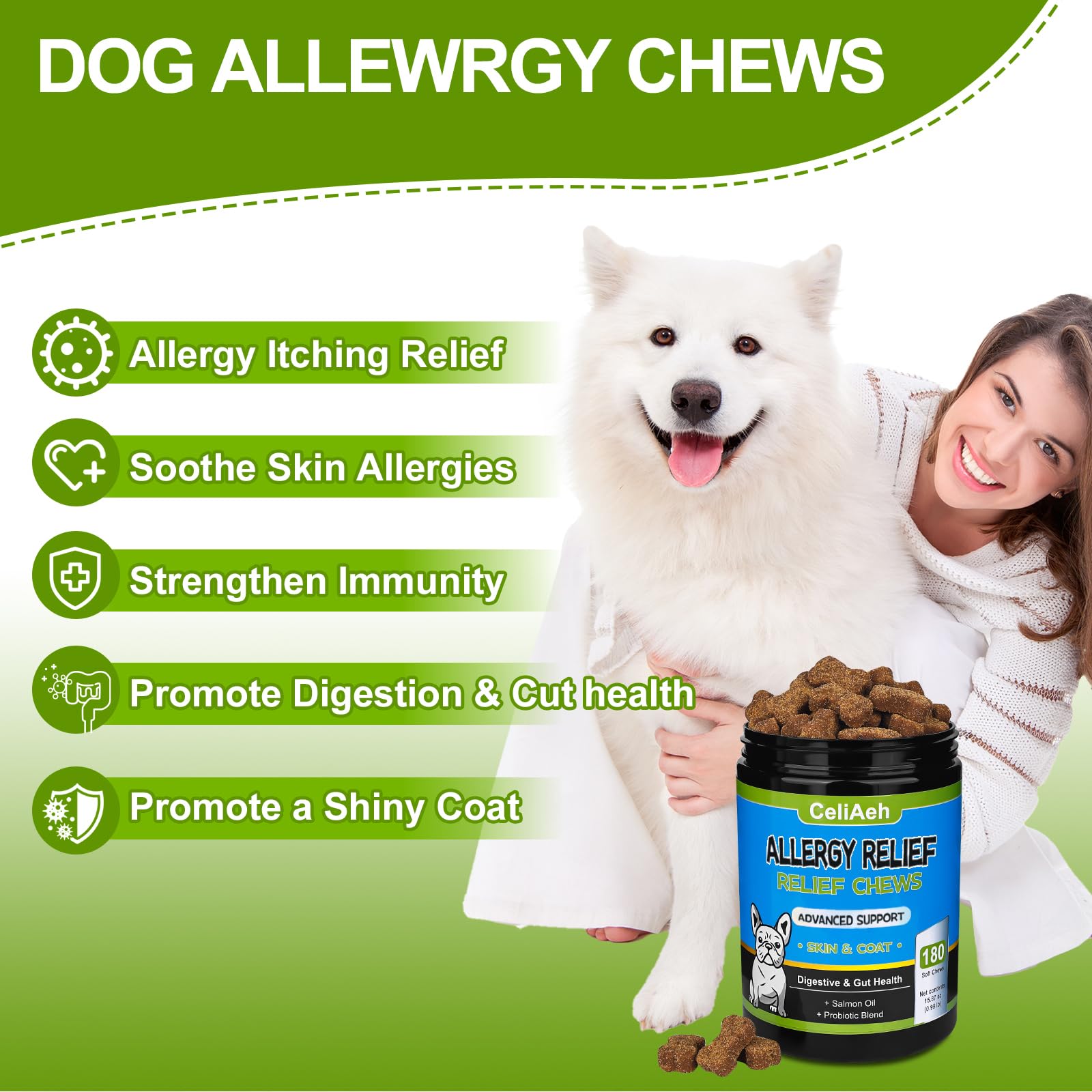 Dog Allergy Relief Chews, Salmon Oil Skin & Coat Supplement with Colostrum, Probiotics, Dog Itching Skin Relief, Dry Skin, Itchy Paws - Seasonal Allergies & Hot Spots Support Treats - 180 Count 450g