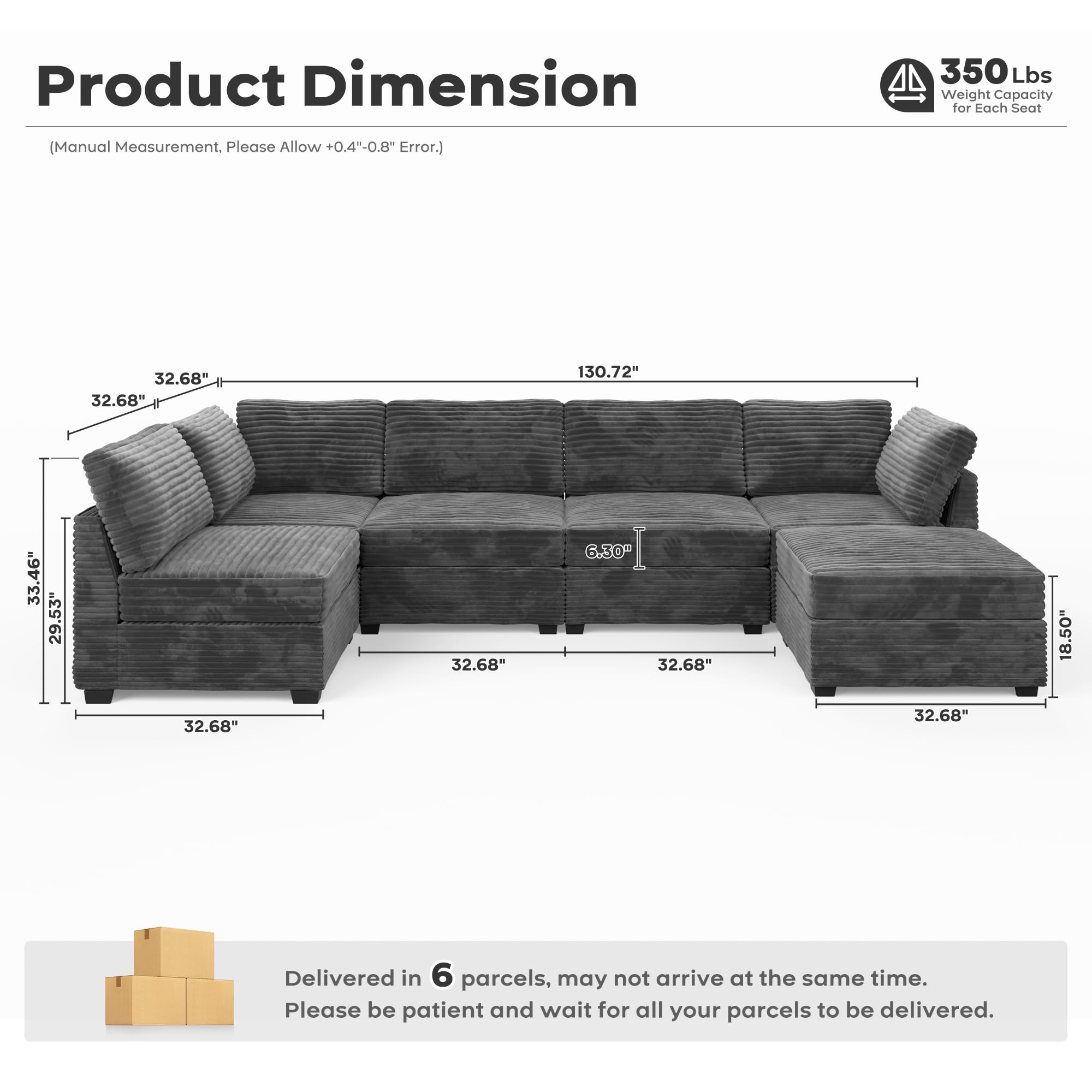 ovios 130.7" Modular Sectional Sofa Couch, U Shaped Minimalist Couches with Sofa Bed Chaise, Modern Deep Seat Cloud Plush Corduroy Sofa Set for Living Room, 6 Seat, Grey