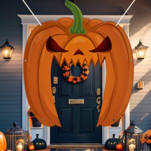 justforjoyful halloween pumpkin door banner party decorations scary pumpkin photo booth prop cover large creepy photography backdrop sign for front door porch halloween trick or treat party supplies