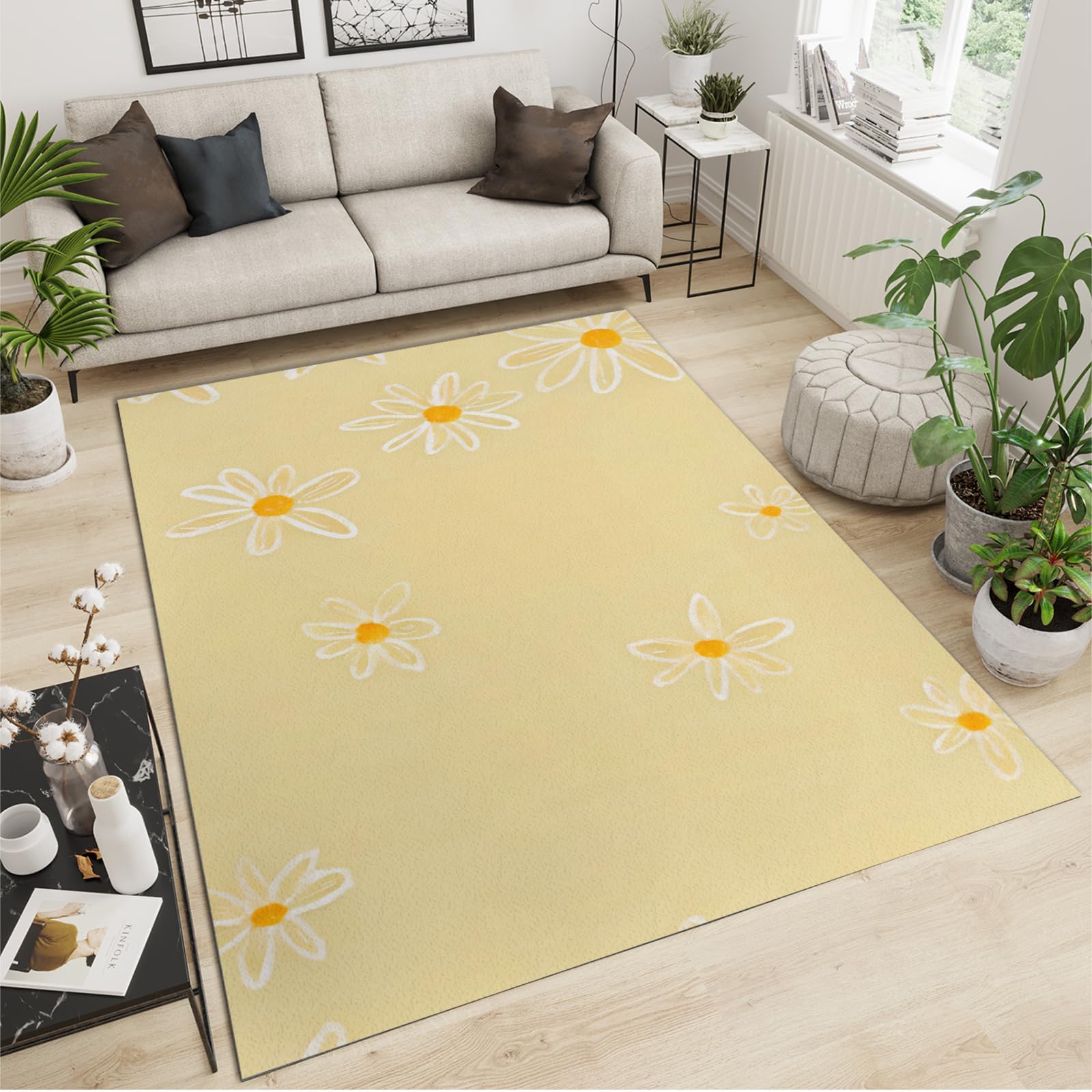 TIMOILU 3x5 Rug Light Yellow Sunshine Daisy Washable Rugs, Simple Nordic Freshness Bedroom Rugs with Non Slip Backing for Bedroom Hotel Hardwood Floors Garage Farmhouse