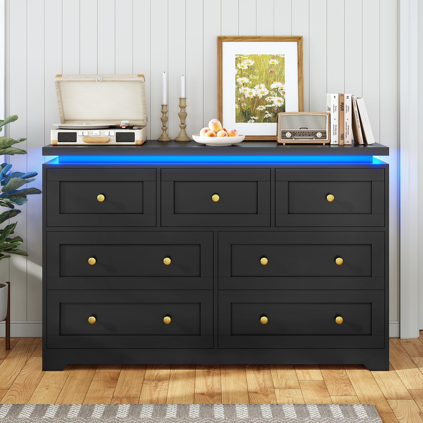 AOGLLATI Dresser for Bedroom, Black Dresser with 7 Drawers, Dressers & Chest of Drawers, Modern Led Wide Long Bedroom Dresser with Top Floating Design for Bedroom Hallway,Black