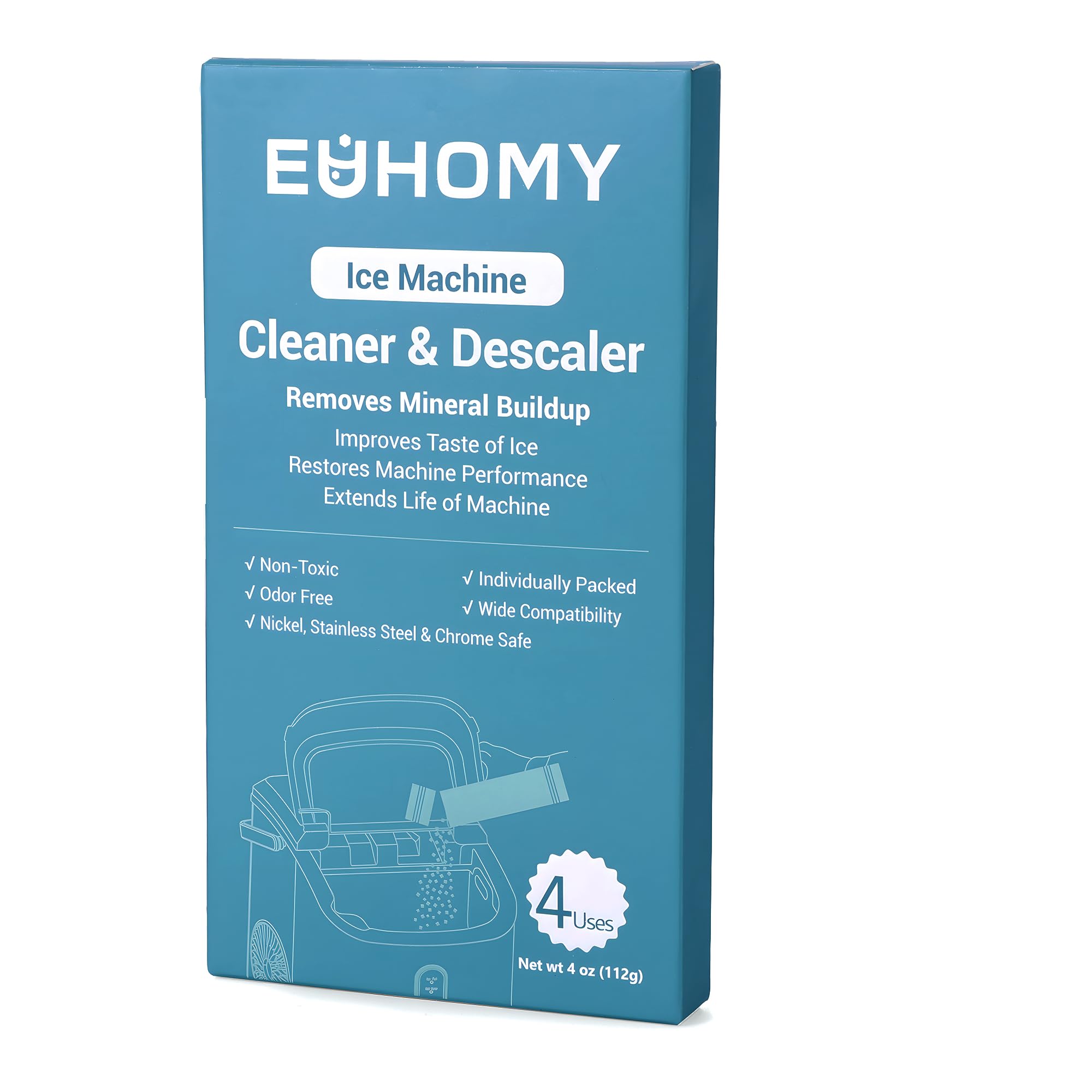 EUHOMY Ice Maker Cleaner & Descaler | 4 Use & Individually Packed | Ice Machine Cleaner with Organic Citric Acid Descaling Powder, Ideal for All Brands