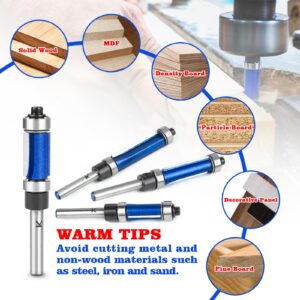 NICAVKIT 4Pcs Top and Bottom Bearing Flush Trim Router Bits Set 1/4 Inch Shank, Carbide Pattern Flush Trim Cut Router bit, 1/2 Inch Cutting Diameter, 3/4", 1", 1-1/4", 1-1/2" Inch Cutting Length