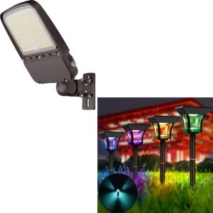 cinoton outdoor solar landscape pathway lights with 3 lighting modes and 240w/200w/150w led parking lot light outdoor 36000lm, 100-277v dusk to dawn ip65 waterproof commercial street light