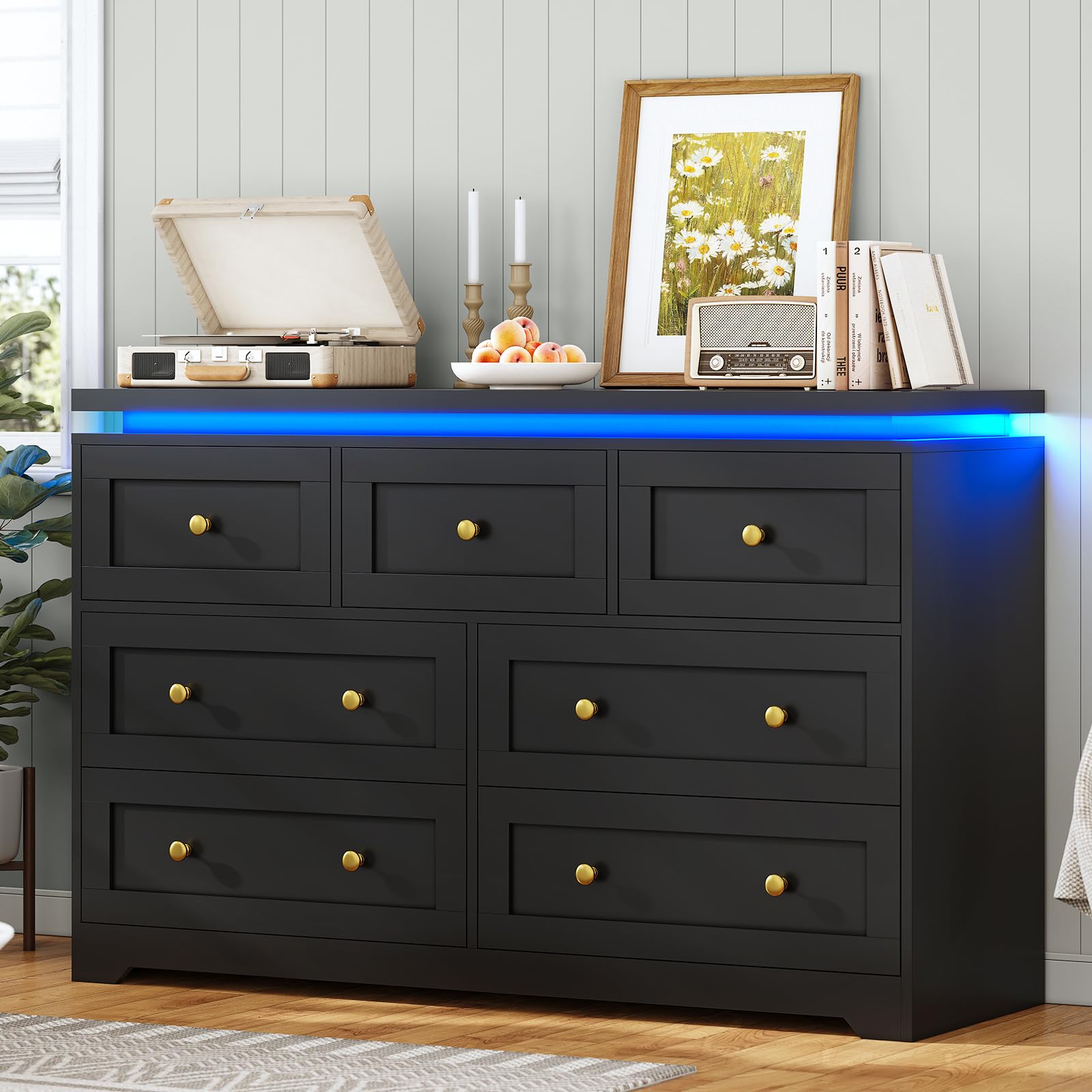 AOGLLATI Dresser for Bedroom, Black Dresser with 7 Drawers, Dressers & Chest of Drawers, Modern Led Wide Long Bedroom Dresser with Top Floating Design for Bedroom Hallway,Black