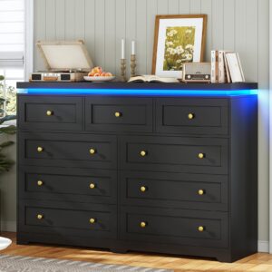 aogllati tall dresser for bedroom with 9 drawers,55.1” long black dresser with led lights, modern chest of drawers, led wide bedroom dresser with top floating design for bedroom hallway,black