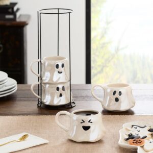 Way To Happiness 13-Ounce Halloween White Ghost Stoneware Stackable Mug Set with Iron Rack, Cute and Spooky Coffee Mugs