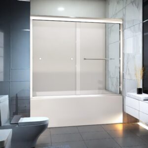 nicbex shower doors 56" - 60" l x 58" h half shower door double sliding shower door for bath tub 1/4" (6mm) thick tempered glass very clear easy to clean with a handle, chrome