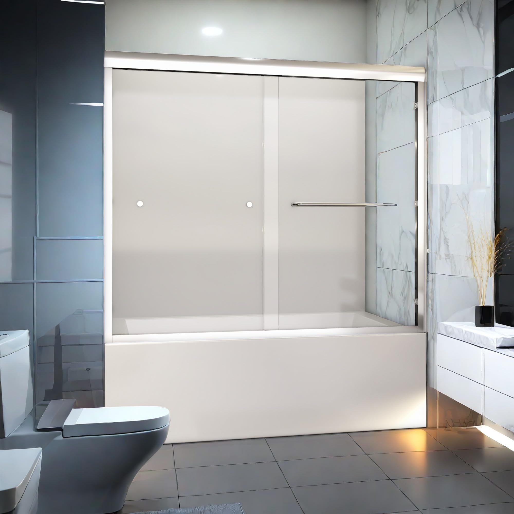 NicBex Shower Doors 56" - 60" L x 58" H Half Shower Door Double Sliding Shower Door for Bath Tub 1/4" (6mm) Thick Tempered Glass Very Clear Easy to Clean with a Handle, Chrome