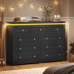 AOGLLATI Tall Dresser for Bedroom with 9 Drawers,55.1” Long Black Dresser with Led Lights, Modern Chest of Drawers, Led Wide Bedroom Dresser with Top Floating Design for Bedroom Hallway,Black