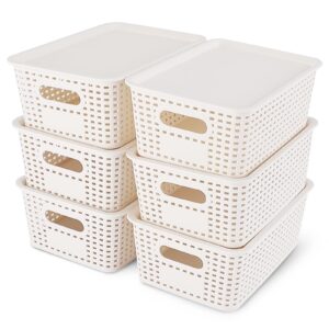 plastic storage baskets with lid stackable home storage bins for organizing shelves drawers desktop closet, white, 6 packs