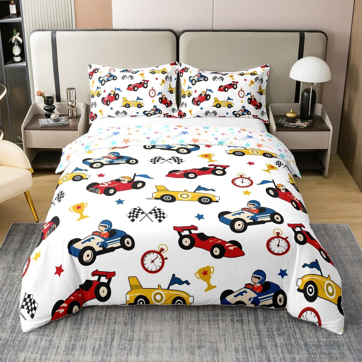 jejeloiu Kids Boys Cartoon Car Bedding Set Twin Size Race Car Bedding Set for Kids Teens Boys Sports Cars Comforter Cover Set Quilt Cover,No Comforter