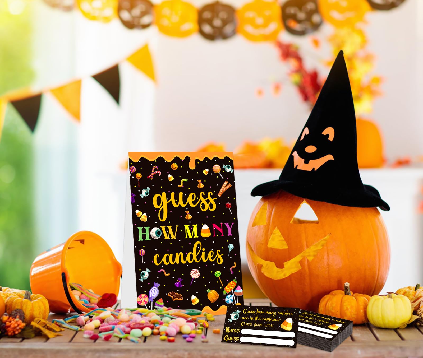 BIZIBAFF Halloween Guess How Many Candies Game Halloween Candy Party Game for Adults Women 50 Candies Guessing Game Cards Halloween Baby Shower Party Game Decoration Halloween Party Favors Supplies