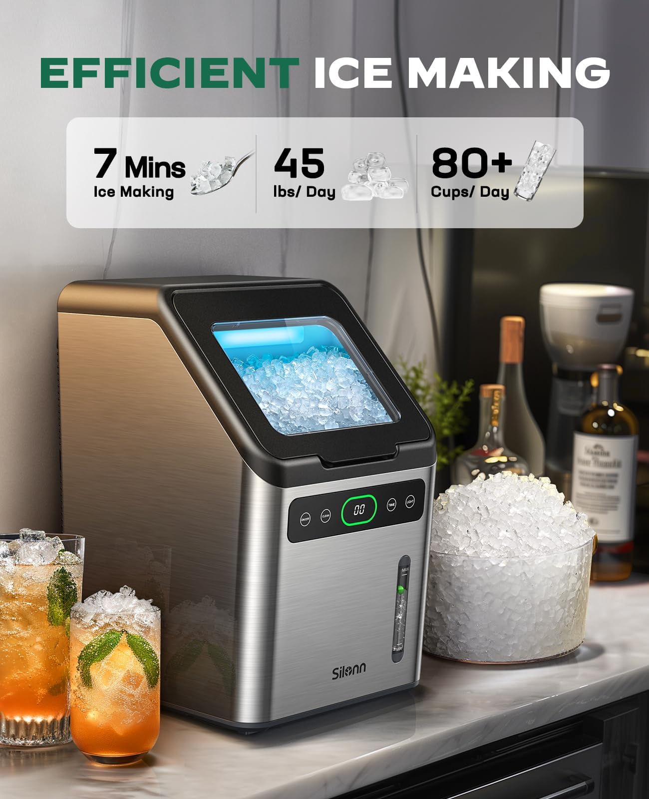 Silonn Nugget Ice Makers Countertop - 44lbs per Day Ice Machine with Self-Cleaning, Timer Pebble Ice Maker with Soft Chewable Ice, One-Click Operation Ice Machine, Stainless Steel