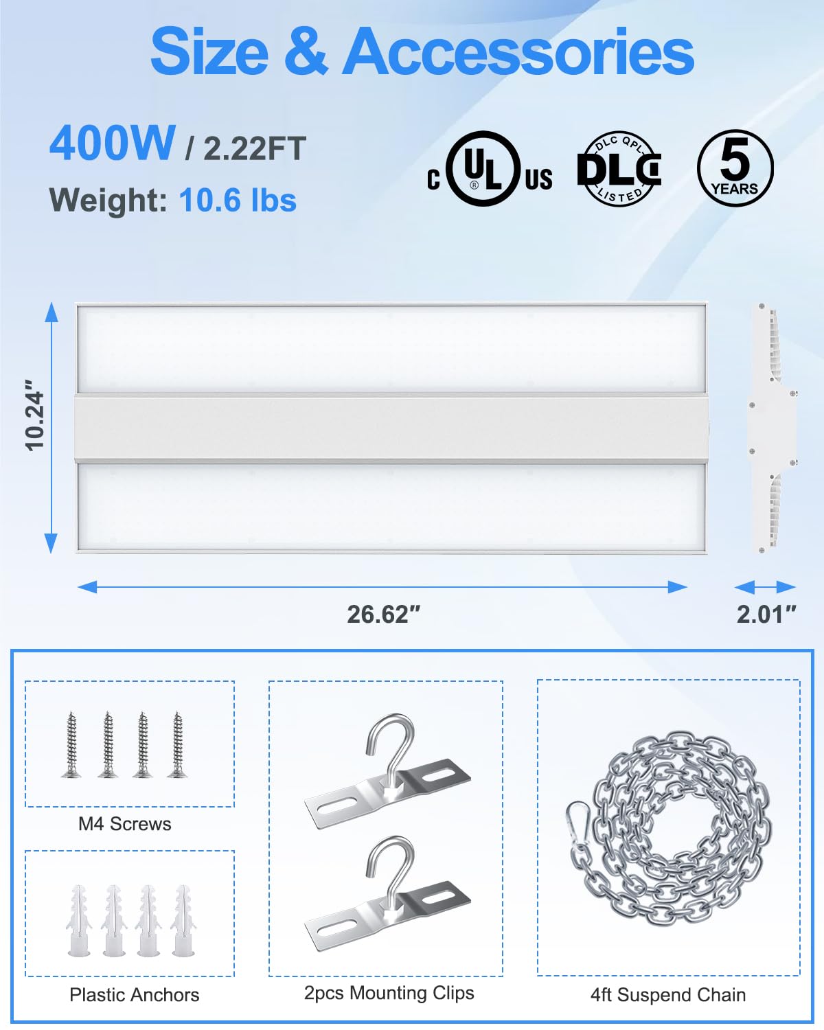 ADUB LED High Bay Light 240W 192W 144W, 1.63FT LED Warehouse Light 3000K 4000K 5000K, 36000LM, 400W LED High Bay Shop Light, 2.2 FT UL Listed LED High Bay Light 0-10V Dimmable