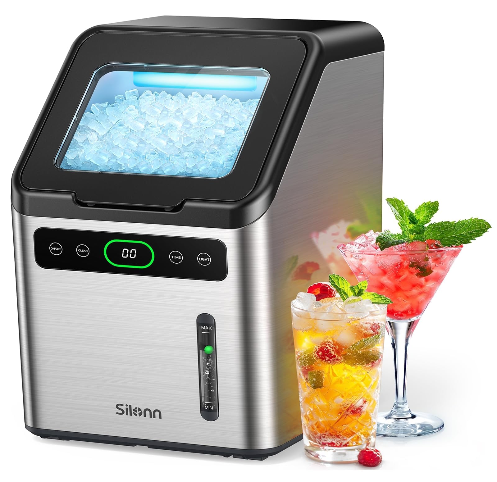 Silonn Nugget Ice Makers Countertop - 44lbs per Day Ice Machine with Self-Cleaning, Timer Pebble Ice Maker with Soft Chewable Ice, One-Click Operation Ice Machine, Stainless Steel