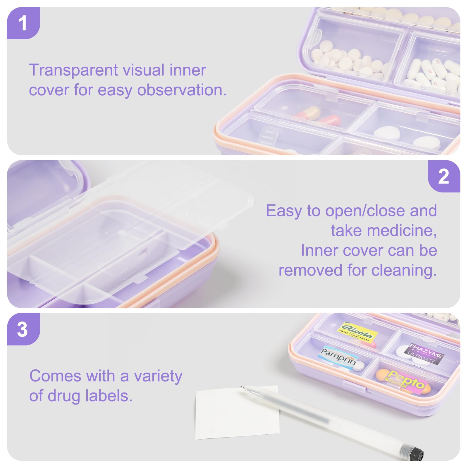 Goffing Travel Pill Organizer Box with Medicine Labels, 7 Compartments Portable Pill Case, Daily Medication Organizer Storage Pill Container for Pocket Pharmacy(Purple, L)