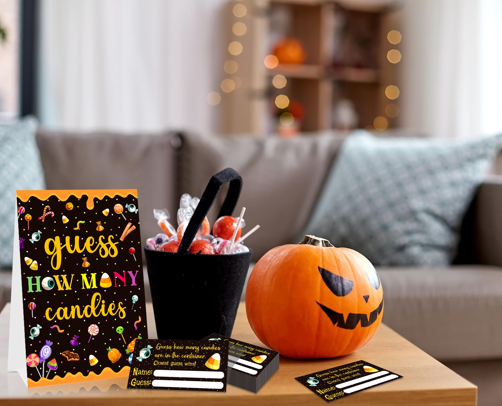 BIZIBAFF Halloween Guess How Many Candies Game Halloween Candy Party Game for Adults Women 50 Candies Guessing Game Cards Halloween Baby Shower Party Game Decoration Halloween Party Favors Supplies